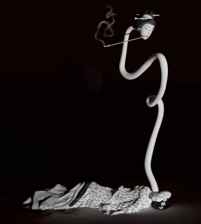 Rokurokubi "the woman with the long neck" from Hokuzai (3D artistic ...